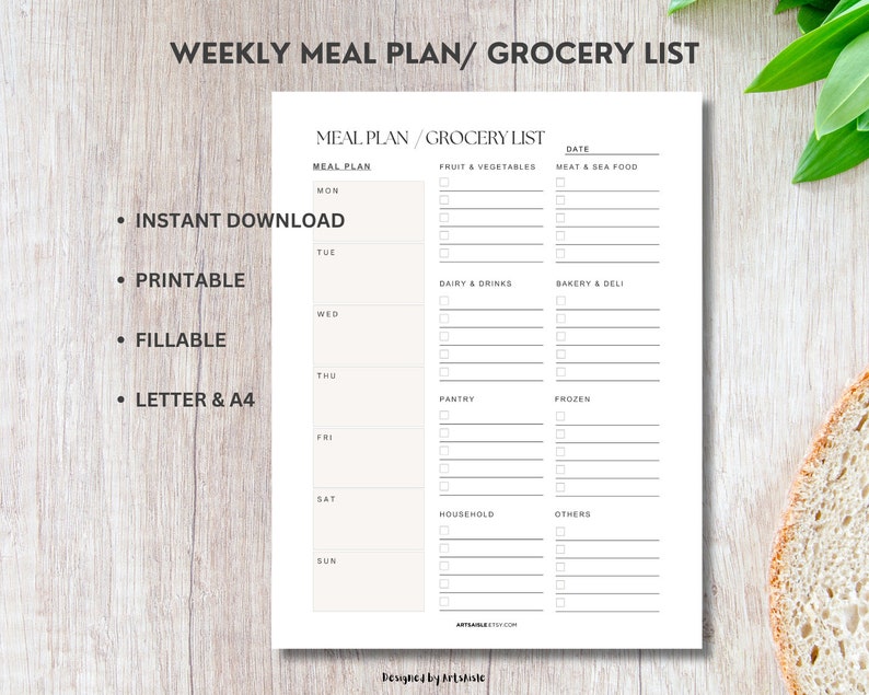 Grocery Shopping List Template With Weekly Meal Plan, Printable and ...