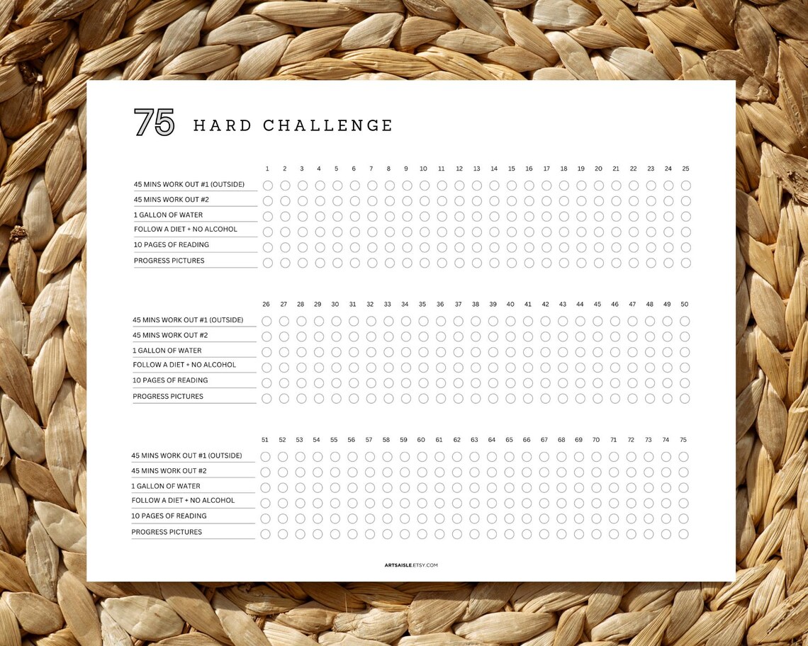 75 Hard Challenge Tracker Printable Template 75 Day Fitness Challenge ...