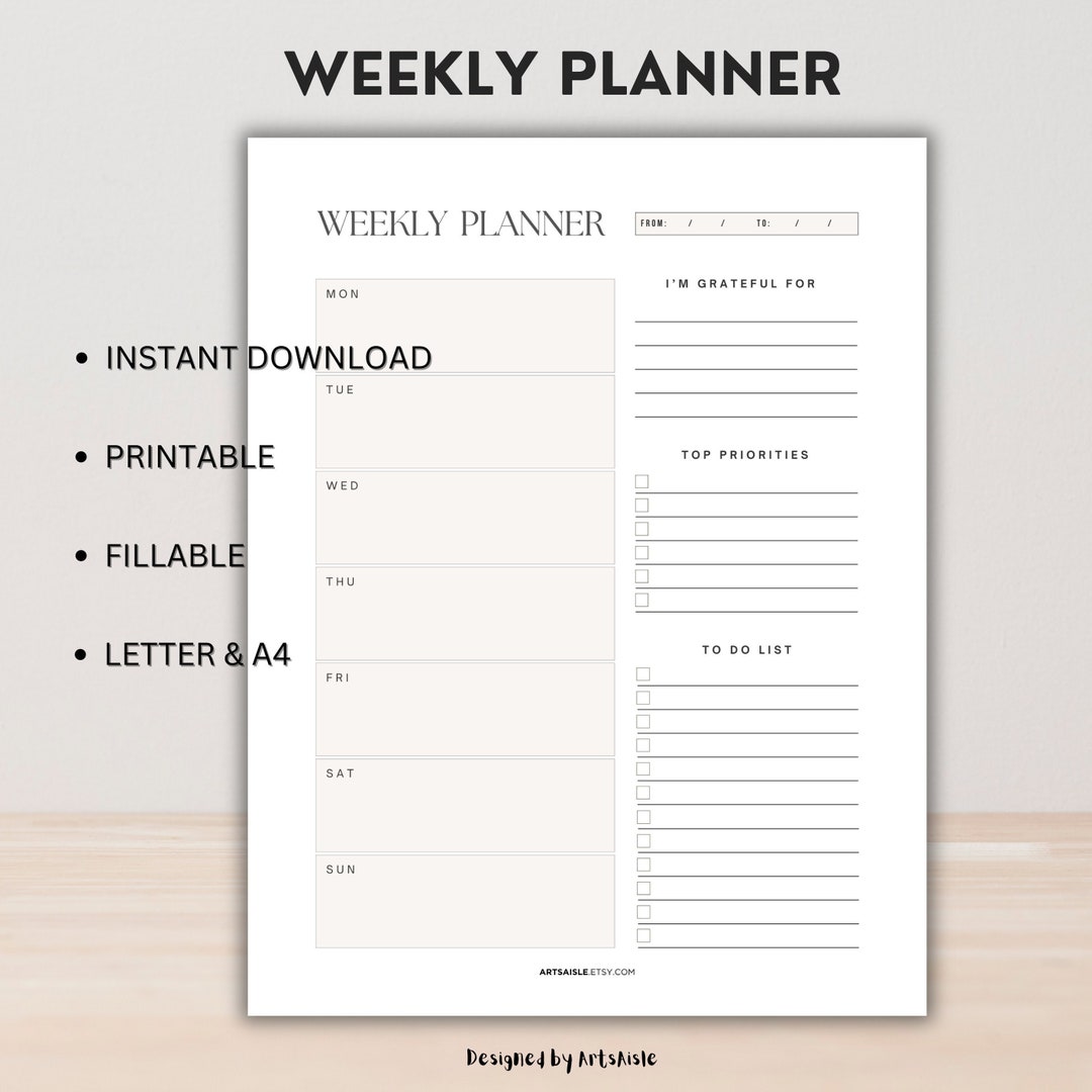 Weekly Planner Printable and Fillable for Office and Home, Weekly ...