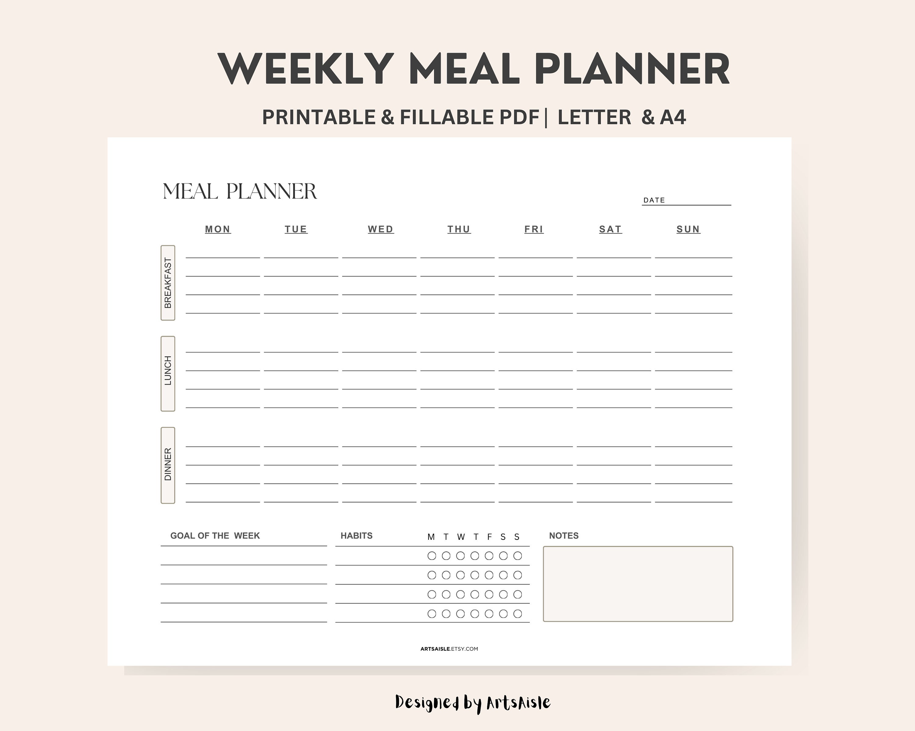 Printable Weekly Meal Planner Landscape, Meal Tracker, Diary, Food ...