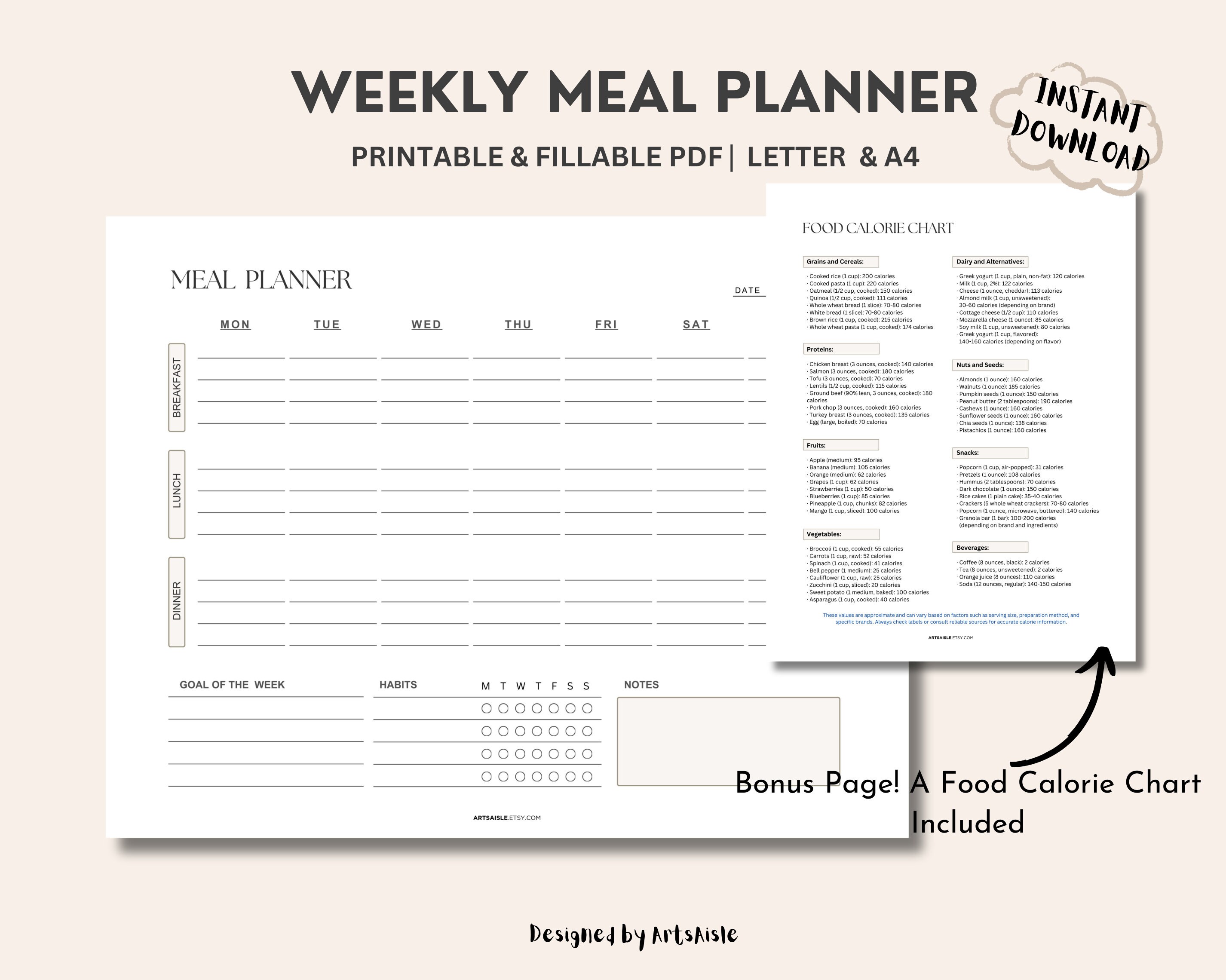 Printable Weekly Meal Planner Landscape, Meal Tracker, Diary, Food ...