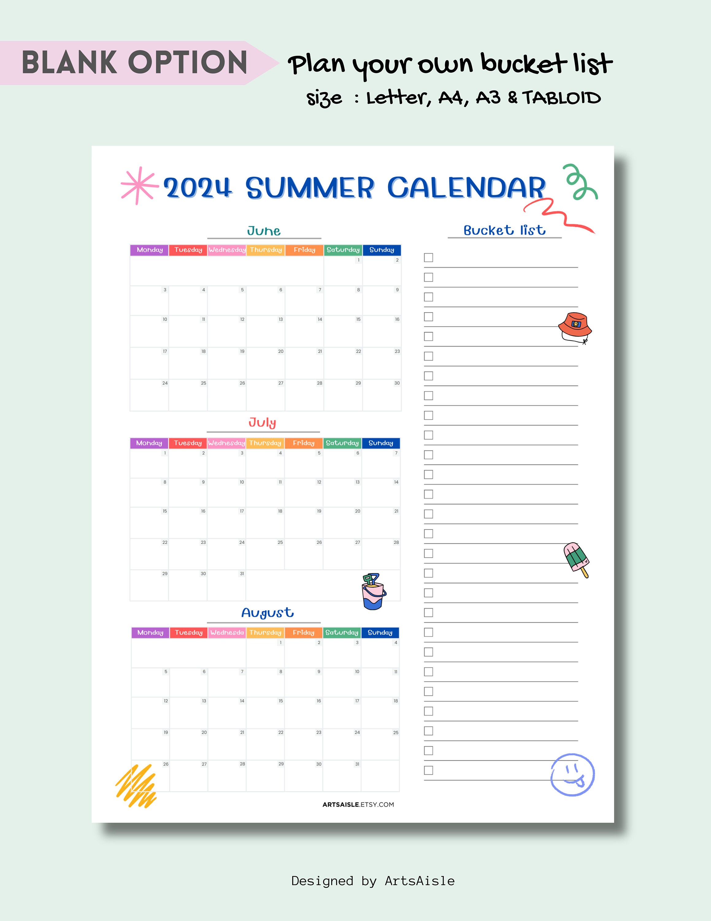 2024 Printable Summer to Do List, Summer Activities Calendar, Summer ...
