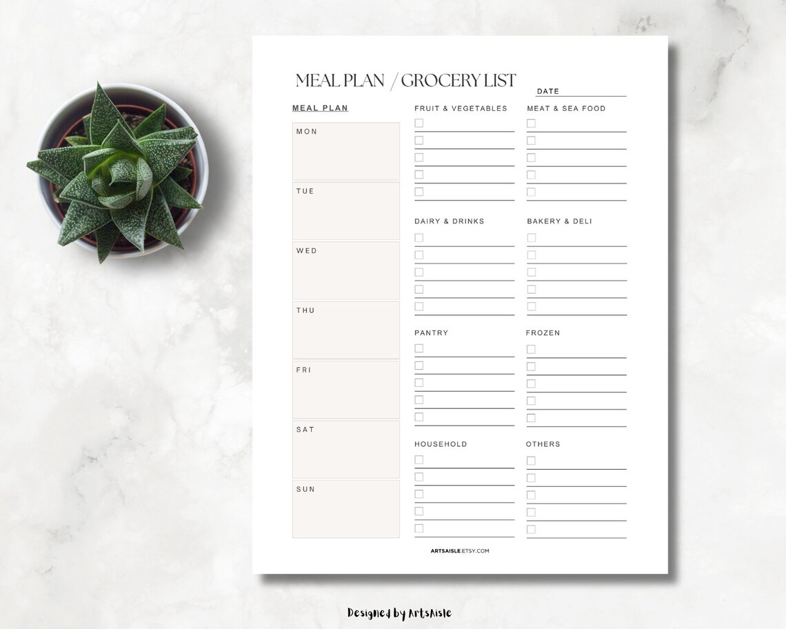 Grocery Shopping List Template With Weekly Meal Plan, Printable and ...