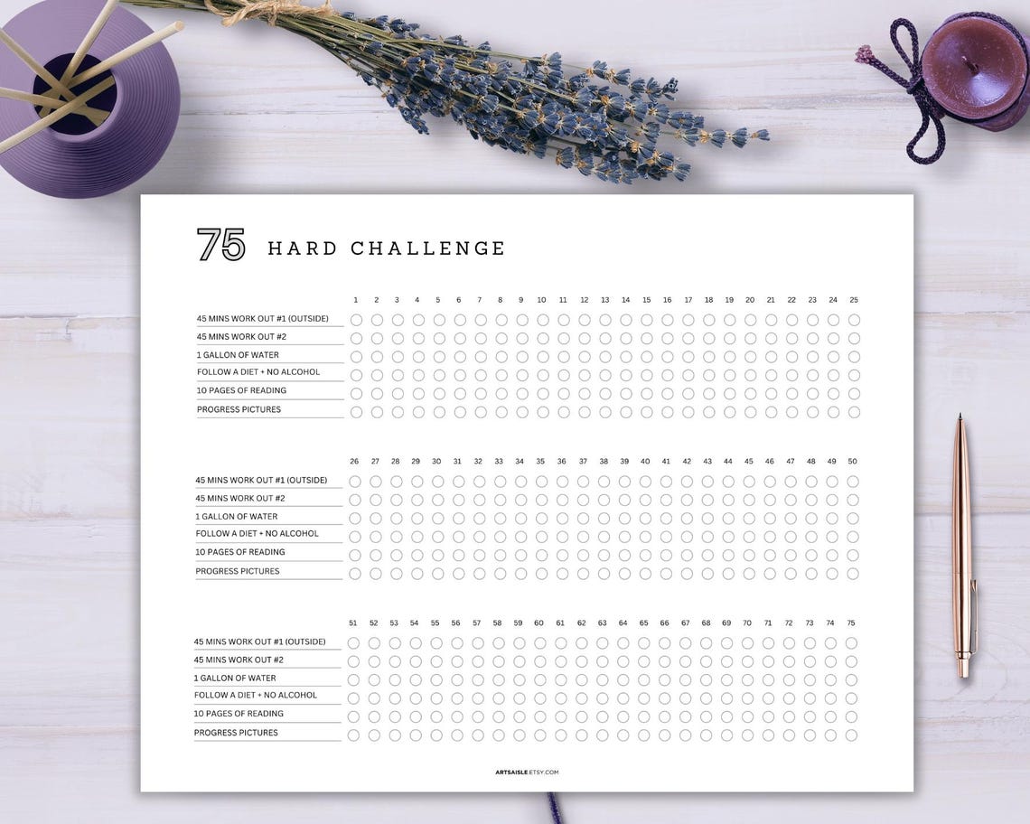 75 Hard Challenge Tracker Printable Template 75 Day Fitness Challenge ...