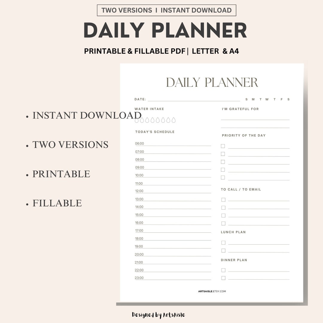 Daily Planner Printable and Fillable, Daily Planner Template, Daily ...