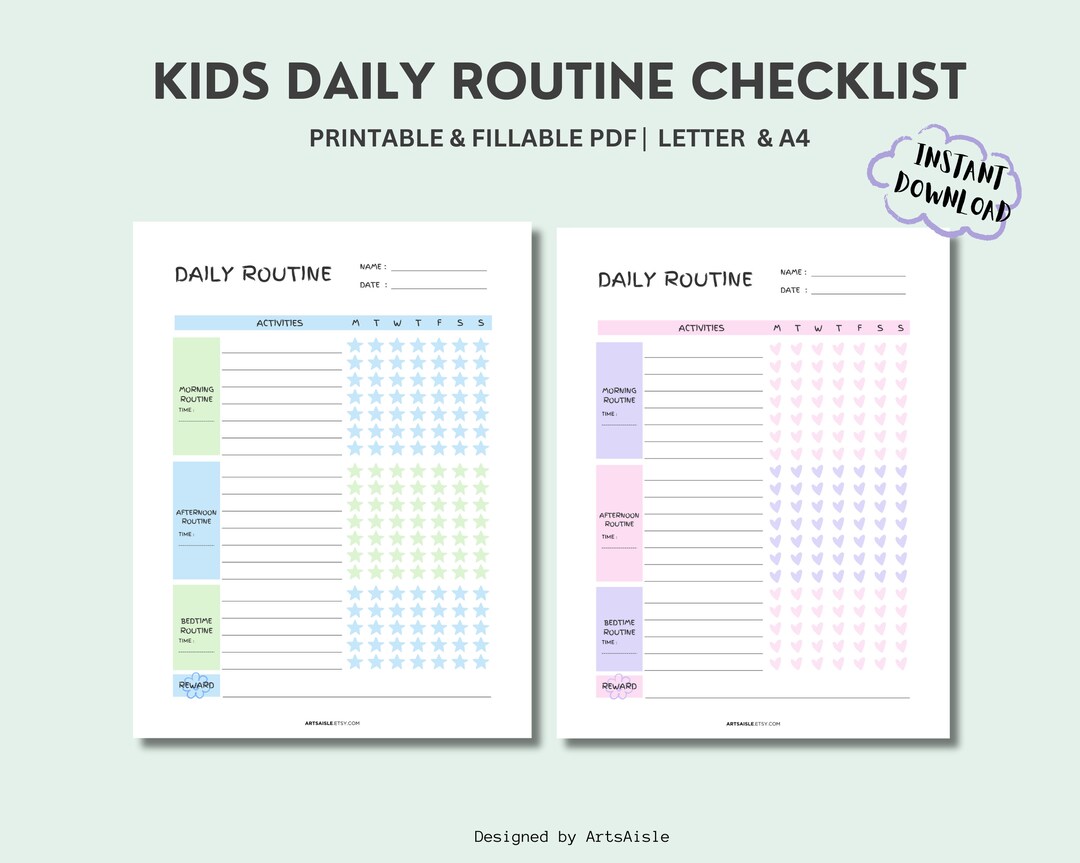 Kids Daily School Checklist Schedule Printable, Kids Chore Chart ...