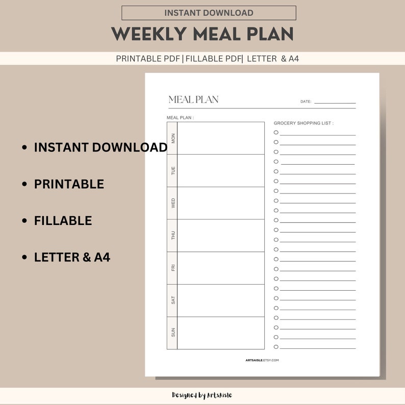 Meal Planner and Grocery Shopping List PDF Template, Printable and ...