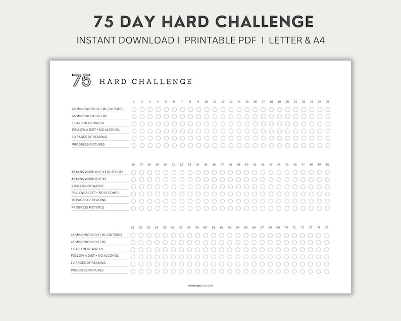 75 Hard Challenge Tracker Printable Template 75 Day Fitness Challenge ...