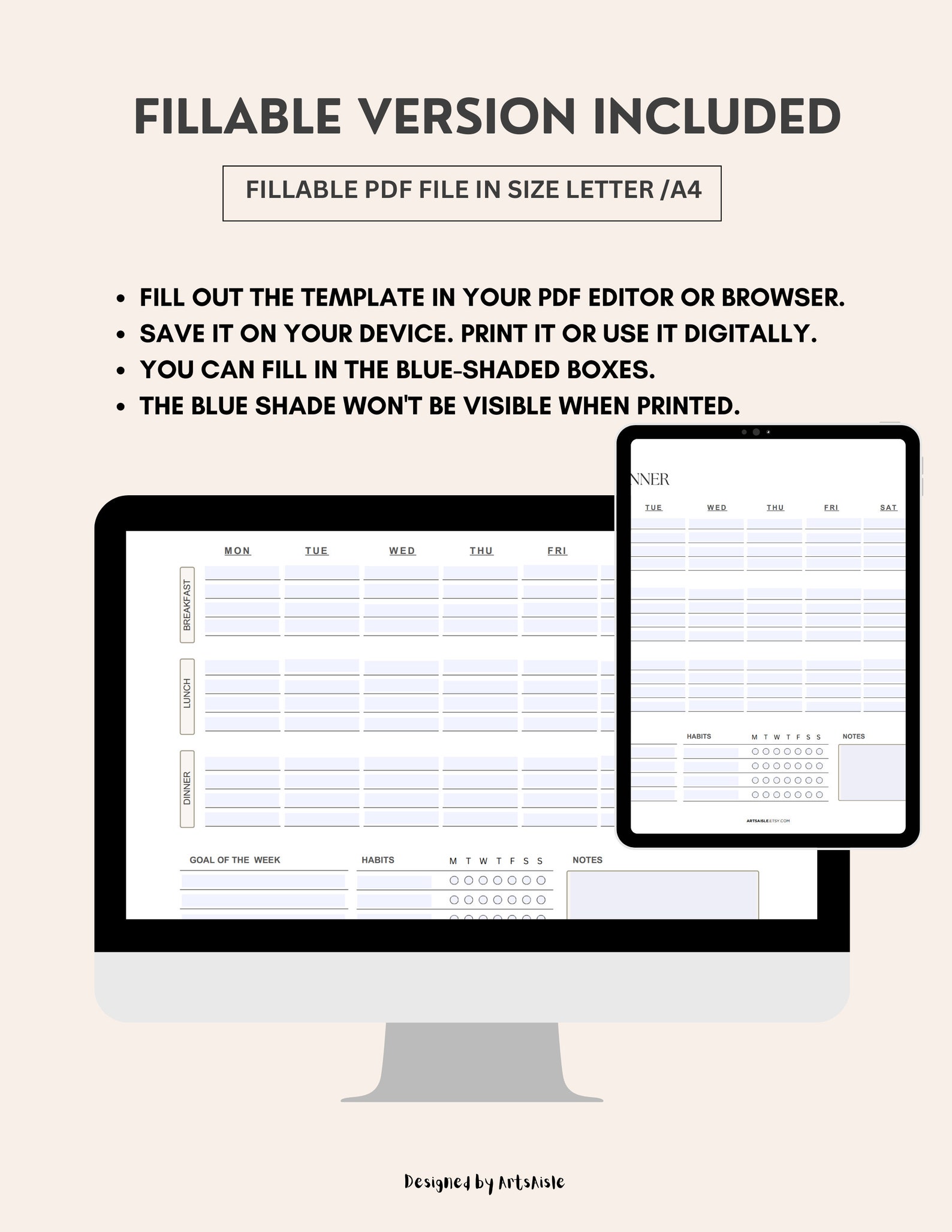 Printable Weekly Meal Planner Landscape, Meal Tracker, Diary, Food ...