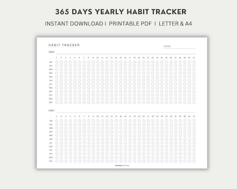 Daily Yearly Habit Tracker Printable Template , Habit Planner PDF ...