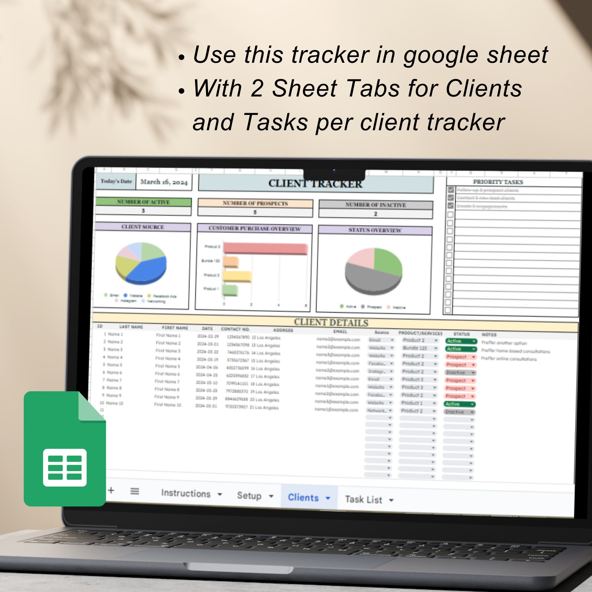 Simple Client Tracker and Task Tracker Small Business Spreadsheet, Lead ...