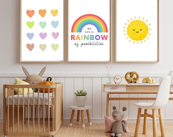 Set of 2 Rainbow Playroom Posters, Sun Nursery Poster, Watercolor ...