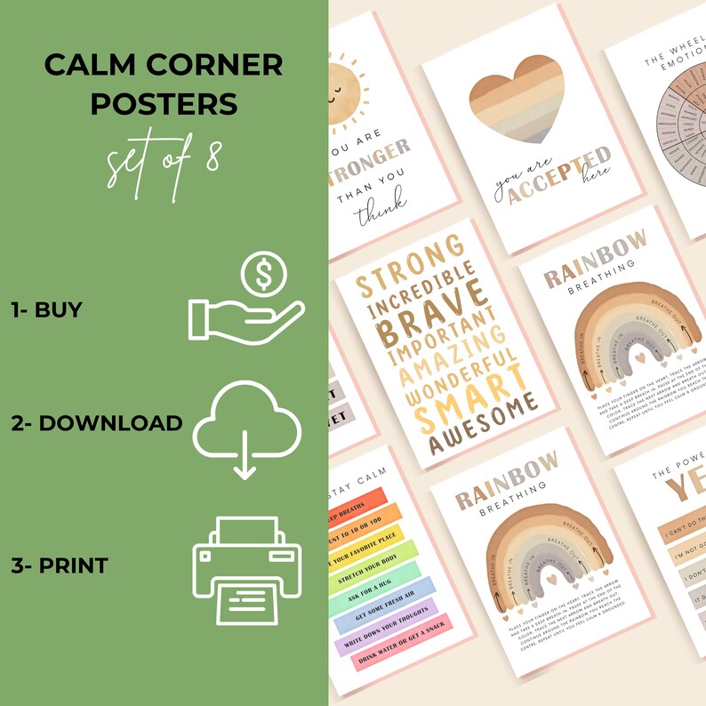 Calm Corner Poster Set of 8, Therapy Printable Wall Art for Kids in ...