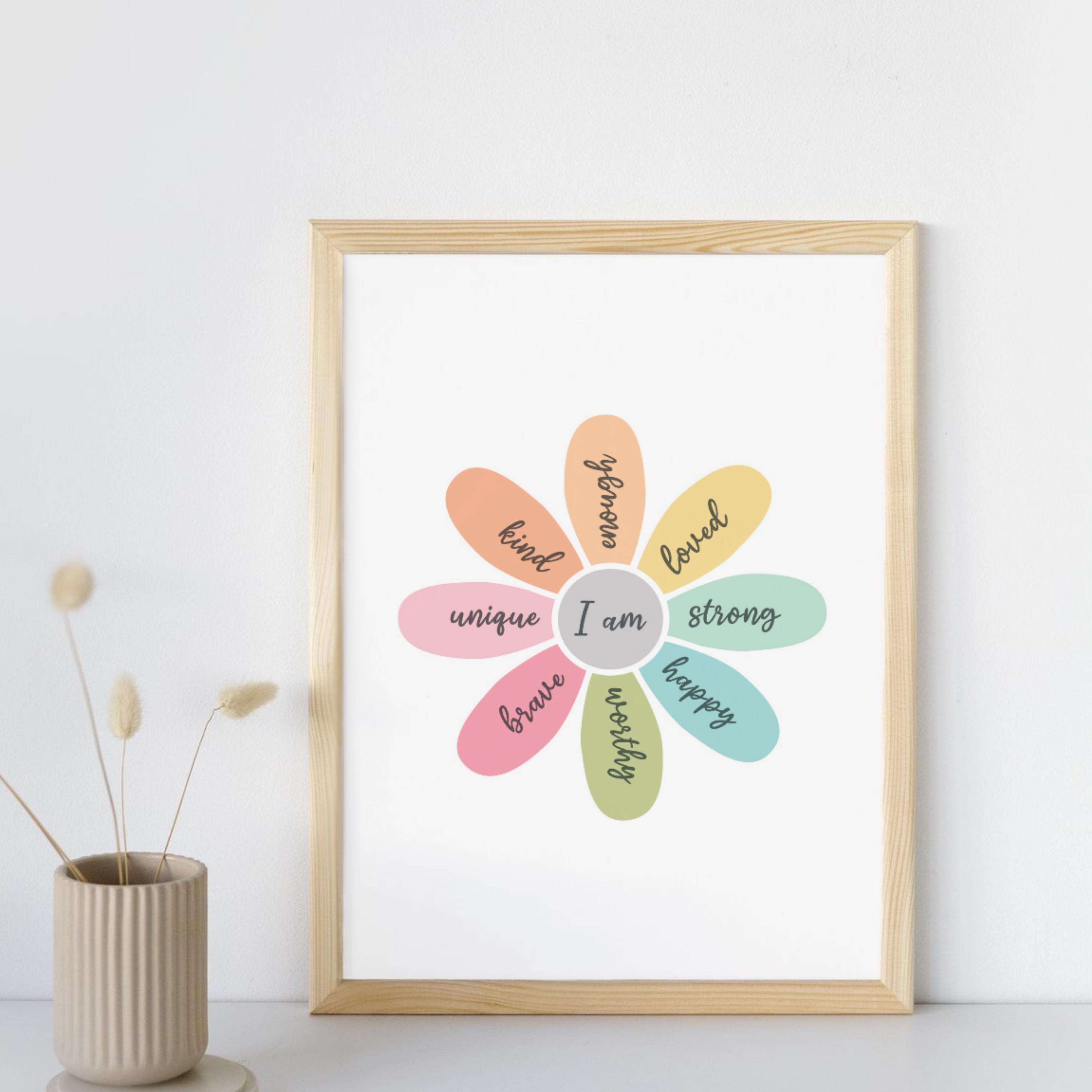 Flower Shaped Daily Affirmation Poster, Positive Wall Art, I Am Happy ...
