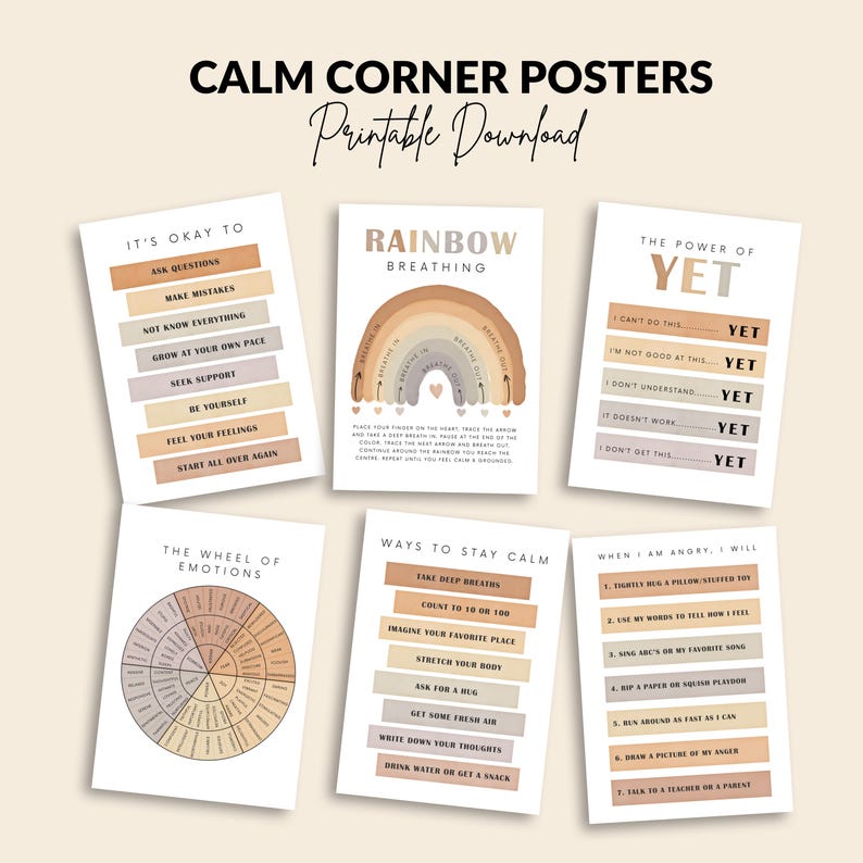Calm Corner Poster Set of 6, Therapy Printable Wall Art for Kids in ...