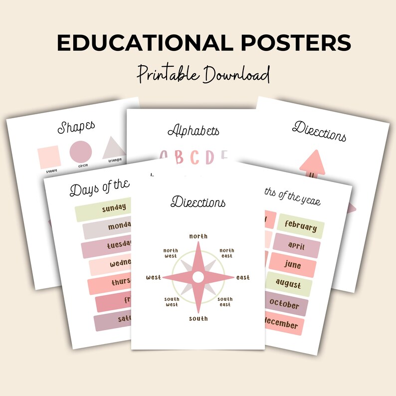 Educational Posters Set of 6, Classroom Printable Wall Art, Alphabets ...