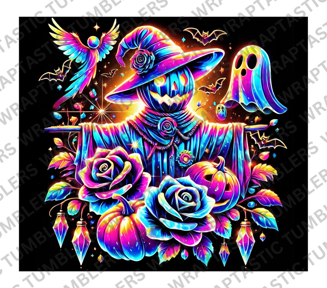 Scarecrow Png Neon Tumbler Wrap, Halloween Tumbler Png Autumn Png Retro ...