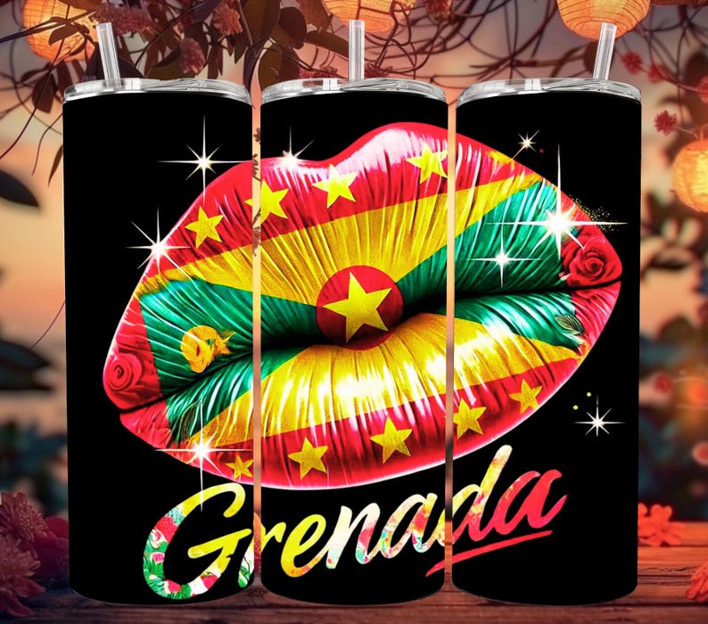 Grenada Flag Lips Png Tumbler Wrap Black History Rastafarian Png Afro Messy Bun Sublimation ...