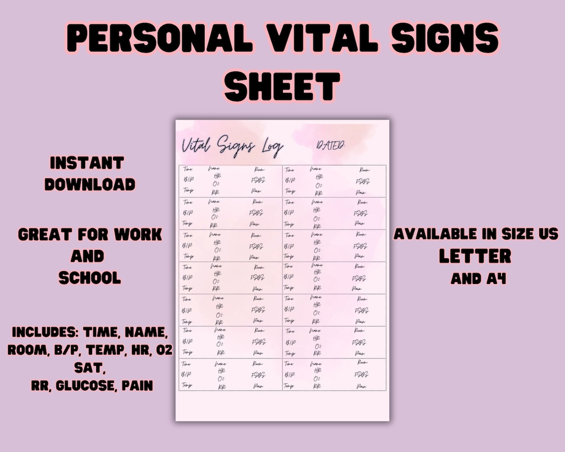 Vital Signs Sheet, Vital Sign Sheet, Vital Signs Log, Cna Vital Sheet ...