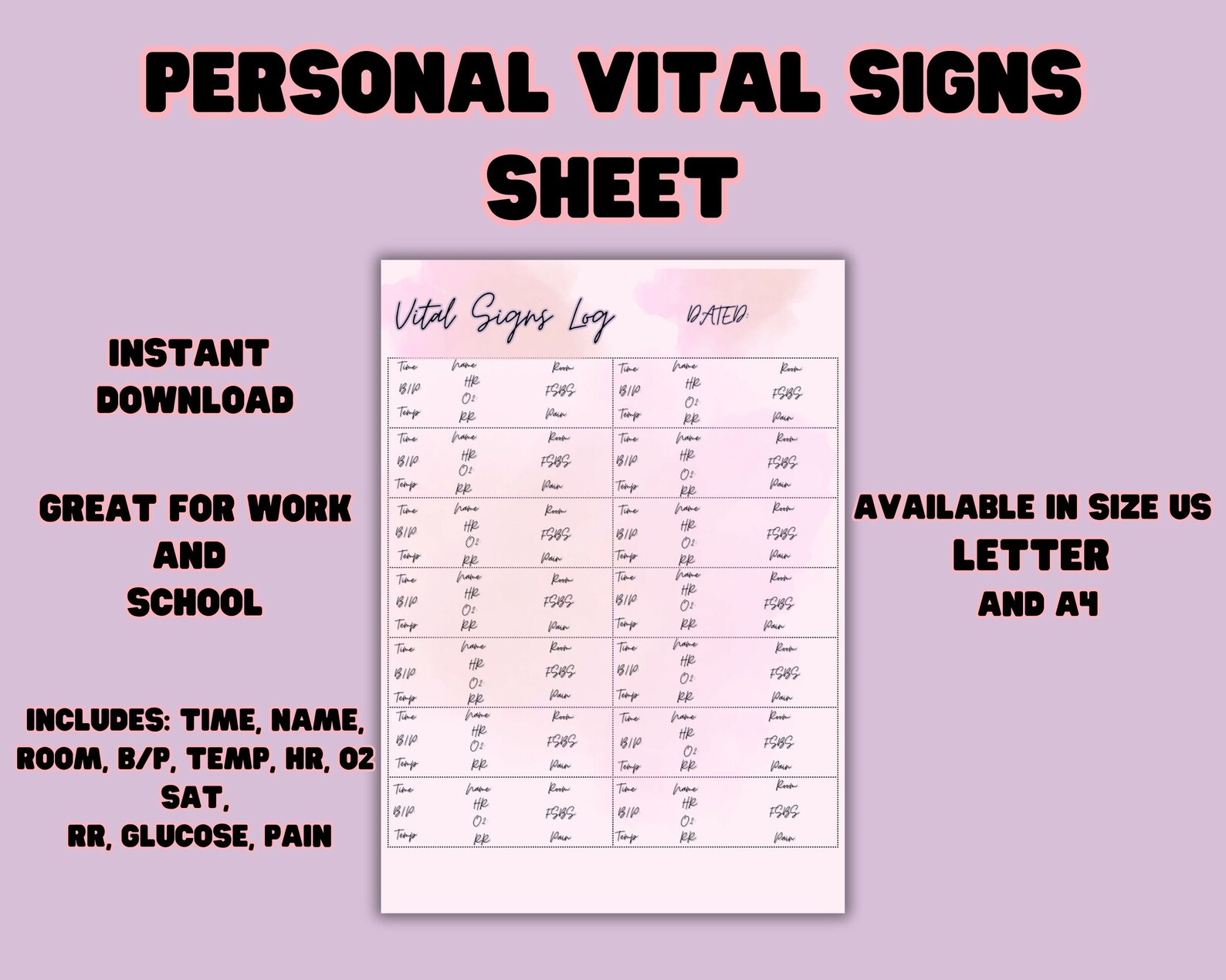 Vital Signs Sheet, Vital Sign Sheet, Vital Signs Log, Cna Vital Sheet ...