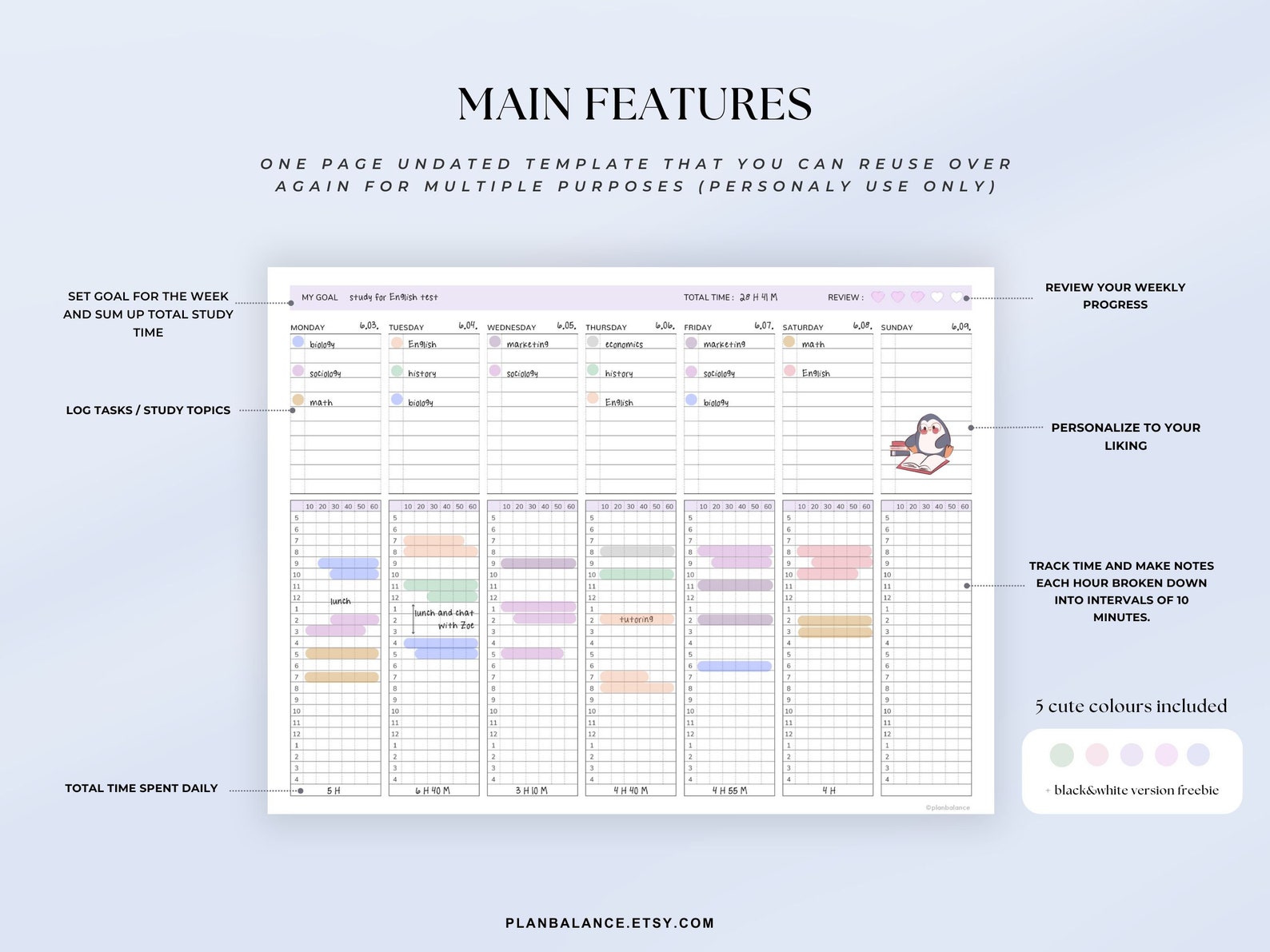 Weekly Study Tracker Printable Schedule, 10 Minute Time Block Planner ...