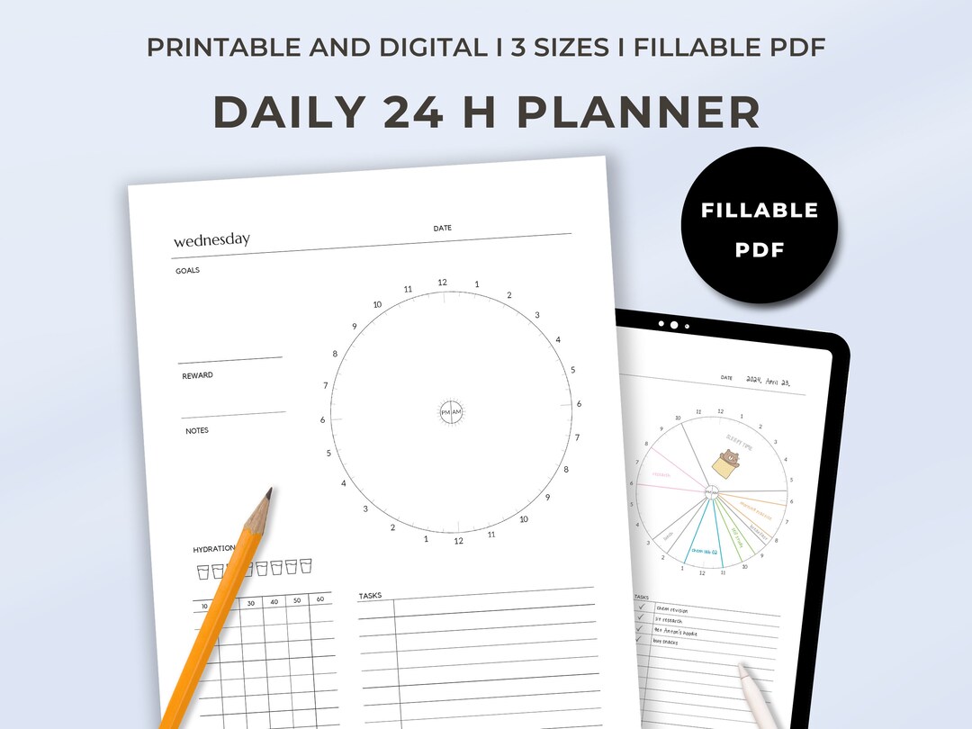 Daily Planner Printable 7 Day Journal, 24 Hour Circular Pie Chart ...