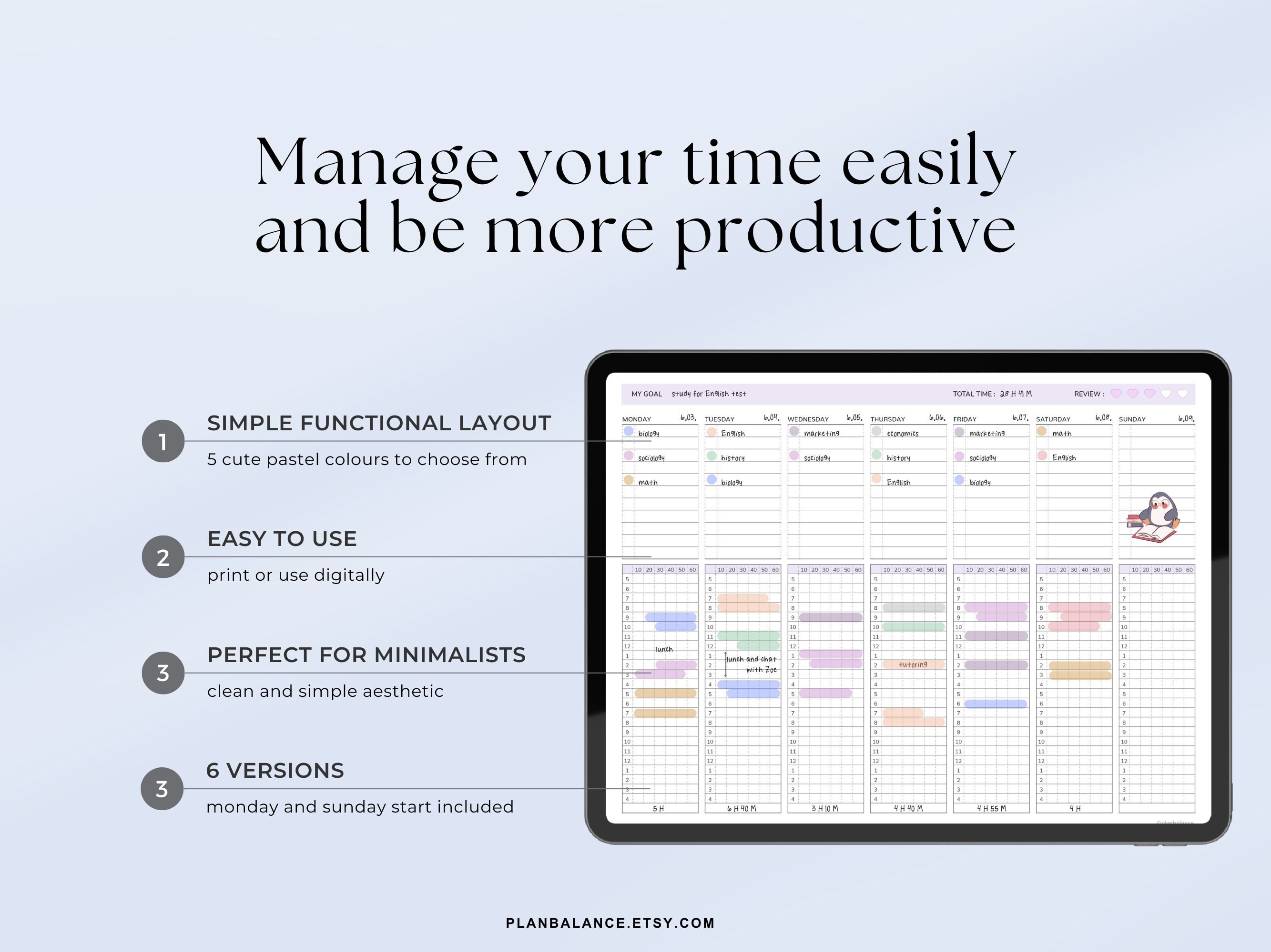 Weekly Study Tracker Printable Schedule, 10 Minute Time Block Planner ...