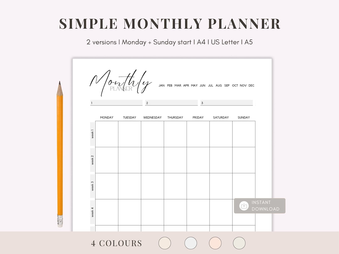 Simple Monthly Planner Printable Template, Monthly Overview ...