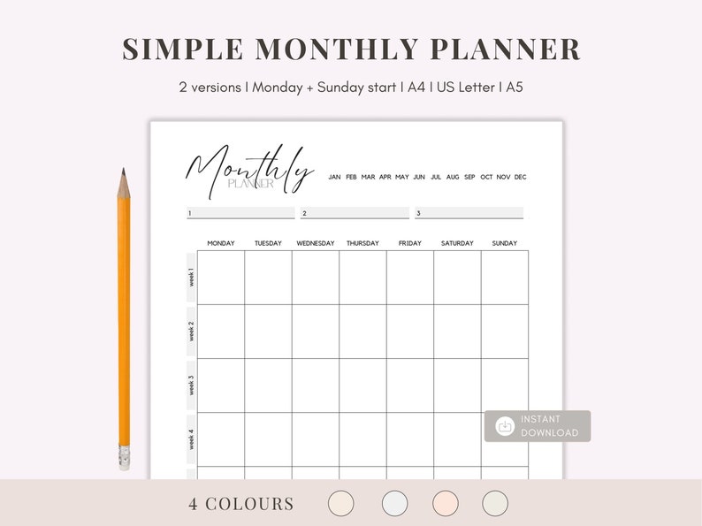 Simple Monthly Planner Printable Template, Monthly Overview ...