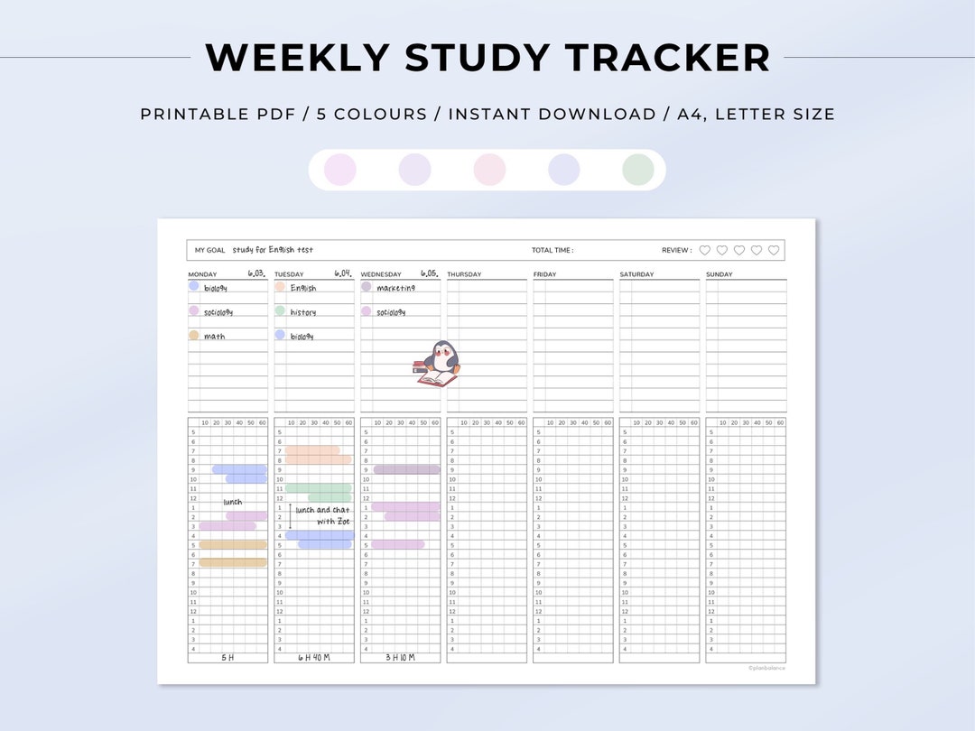 Weekly Study Tracker Printable Schedule, 10 Minute Time Block Planner ...