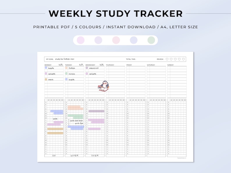 Weekly Study Tracker Printable Schedule, 10 Minute Time Block Planner ...
