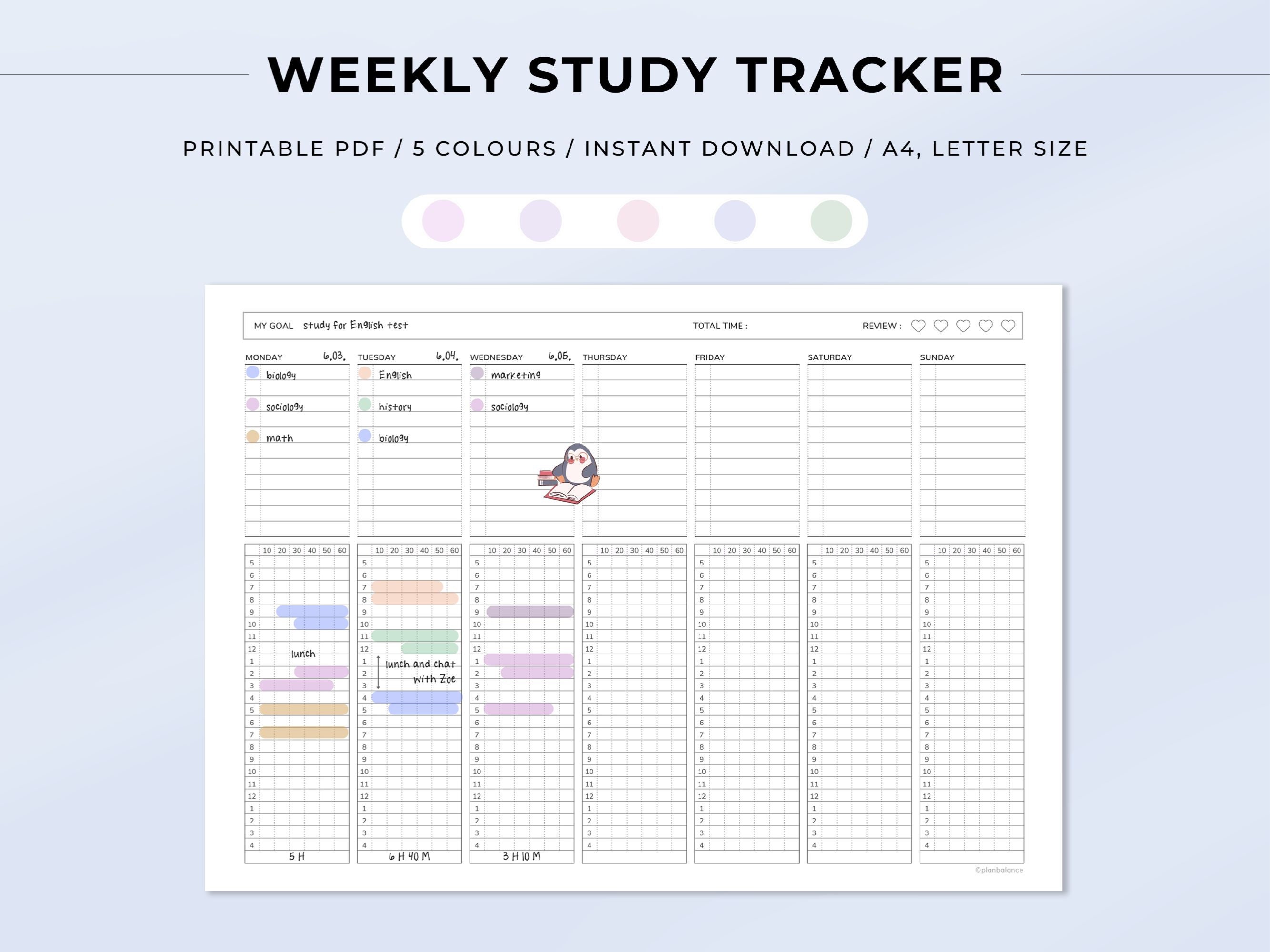 Weekly Study Tracker Printable Schedule, 10 Minute Time Block Planner ...