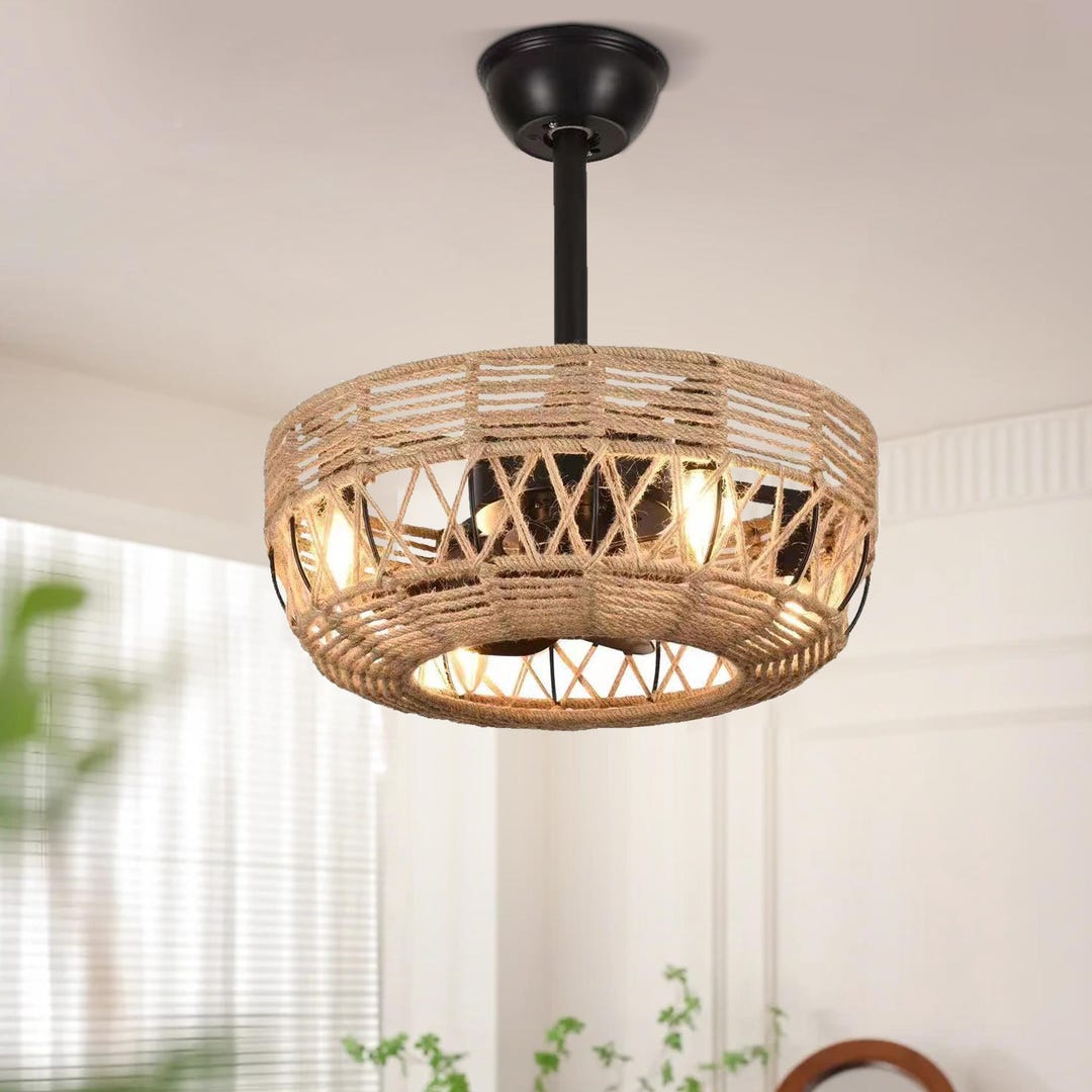 Handcrafted Rope Ceiling Fan With Lights and Remote, Nature Rope ...