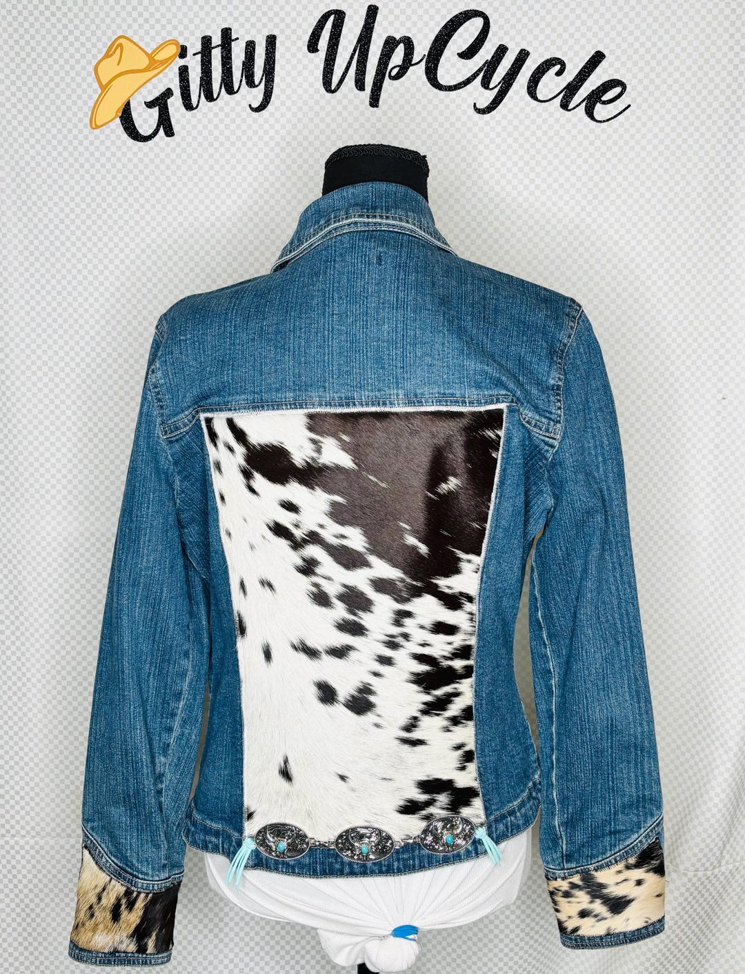 Western Jean Jacket: Cowhide Accents & Silver Conch - Size M - Etsy