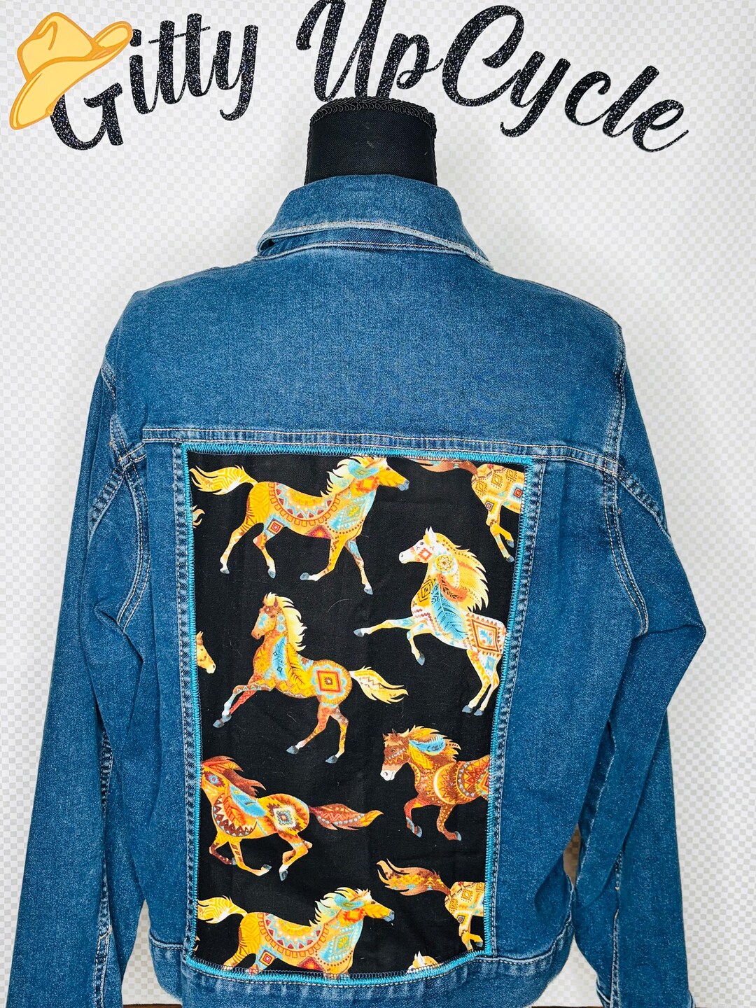 Upcycled Jean Jacket With Concho, Teal Leather and Horse Print Accents ...