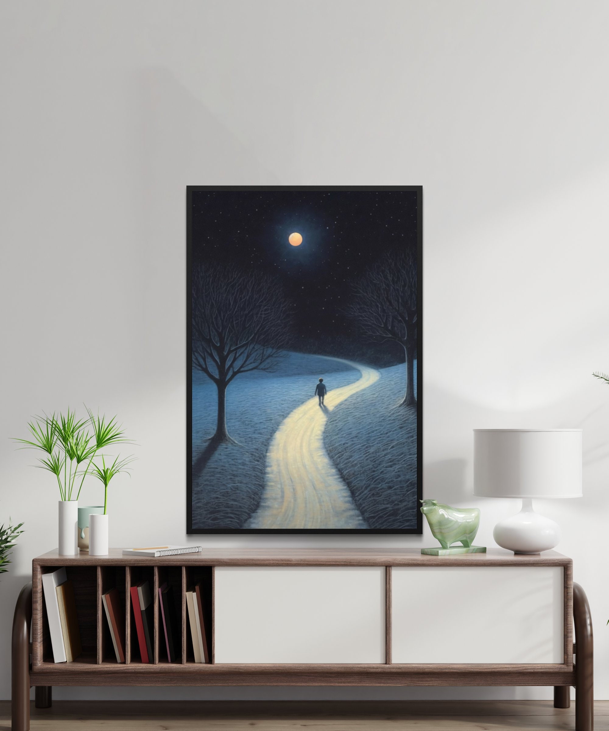 Moonlit Path Wall Art, Starry Night Sky Print, Midnight Blue Wall Decor ...