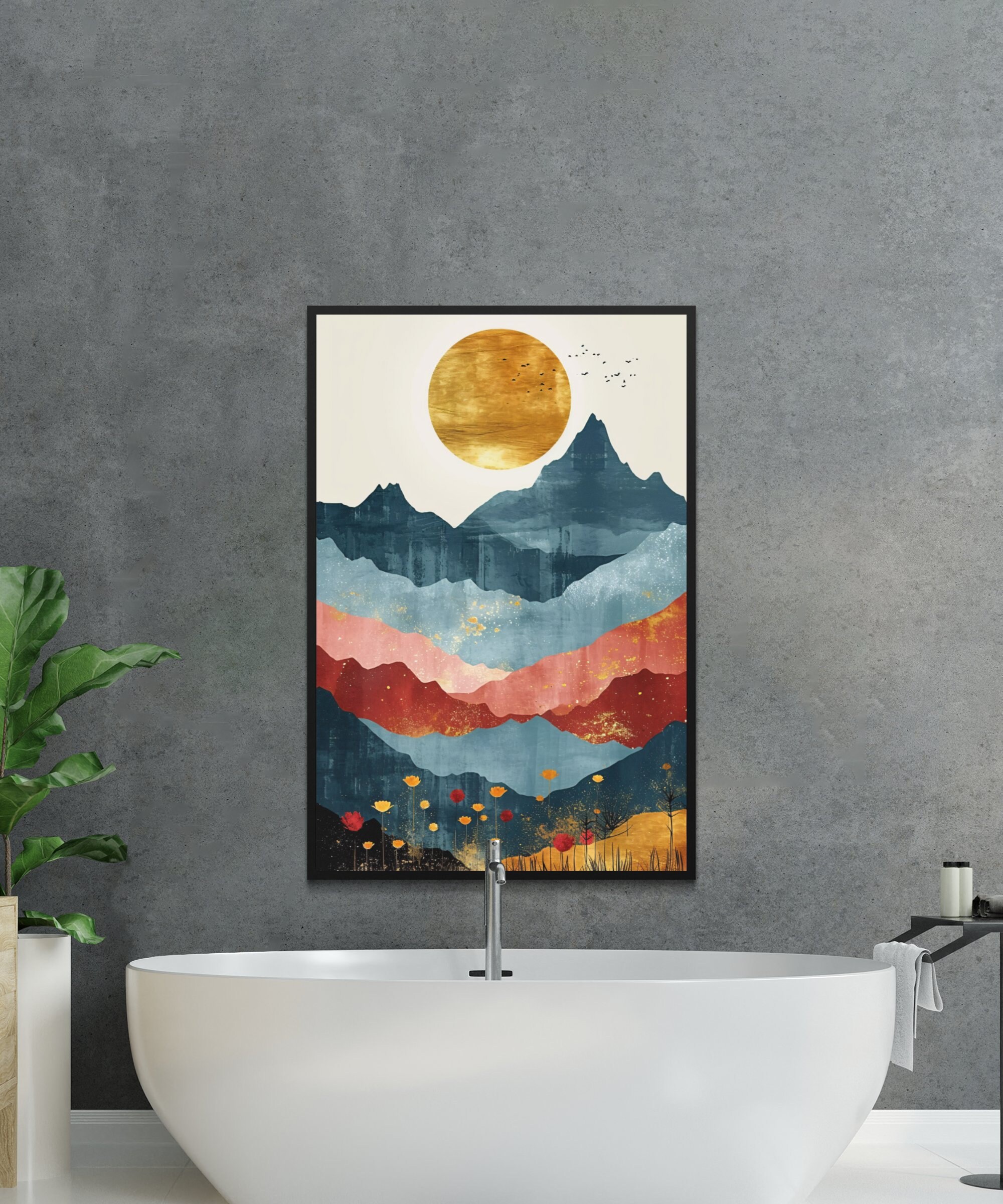 Abstract Mountain Landscape Wall Art, Golden Sun Print, Modern Nature ...