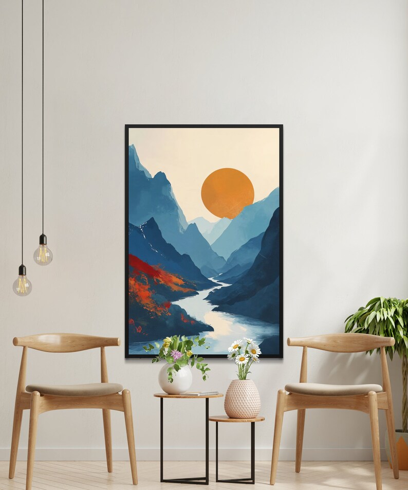 Abstract Mountain Landscape Wall Art, Large Sun Print, Modern Home ...