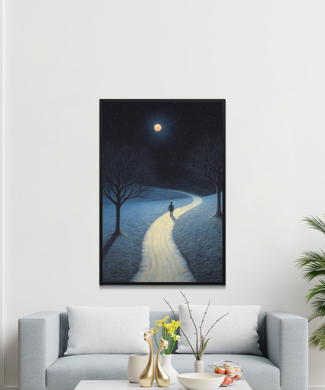 Moonlit Path Wall Art, Starry Night Sky Print, Midnight Blue Wall Decor ...
