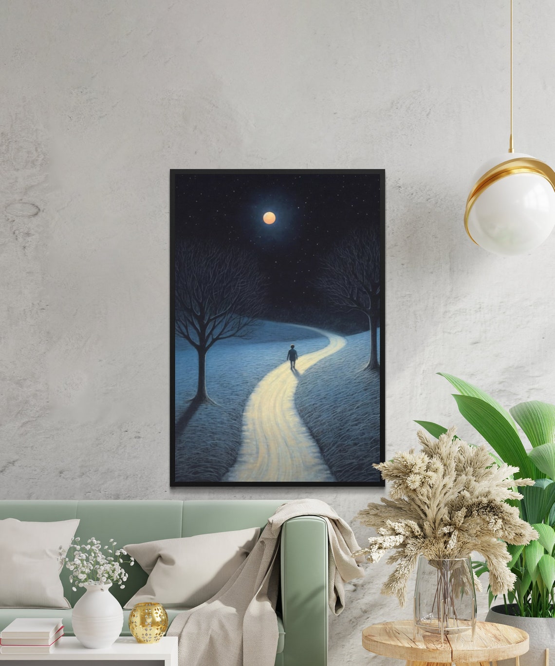 Moonlit Path Wall Art, Starry Night Sky Print, Midnight Blue Wall Decor ...