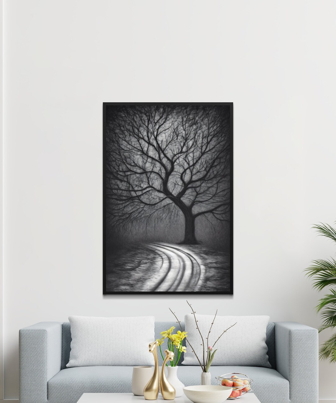 Misty Forest Path Black and White Tree Wall Art, Atmospheric Nature ...