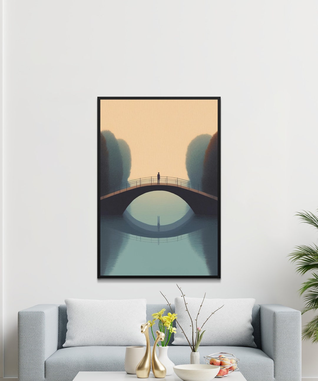 Minimalist Bridge Art Print, Serene Landscape Wall Decor, Reflective ...