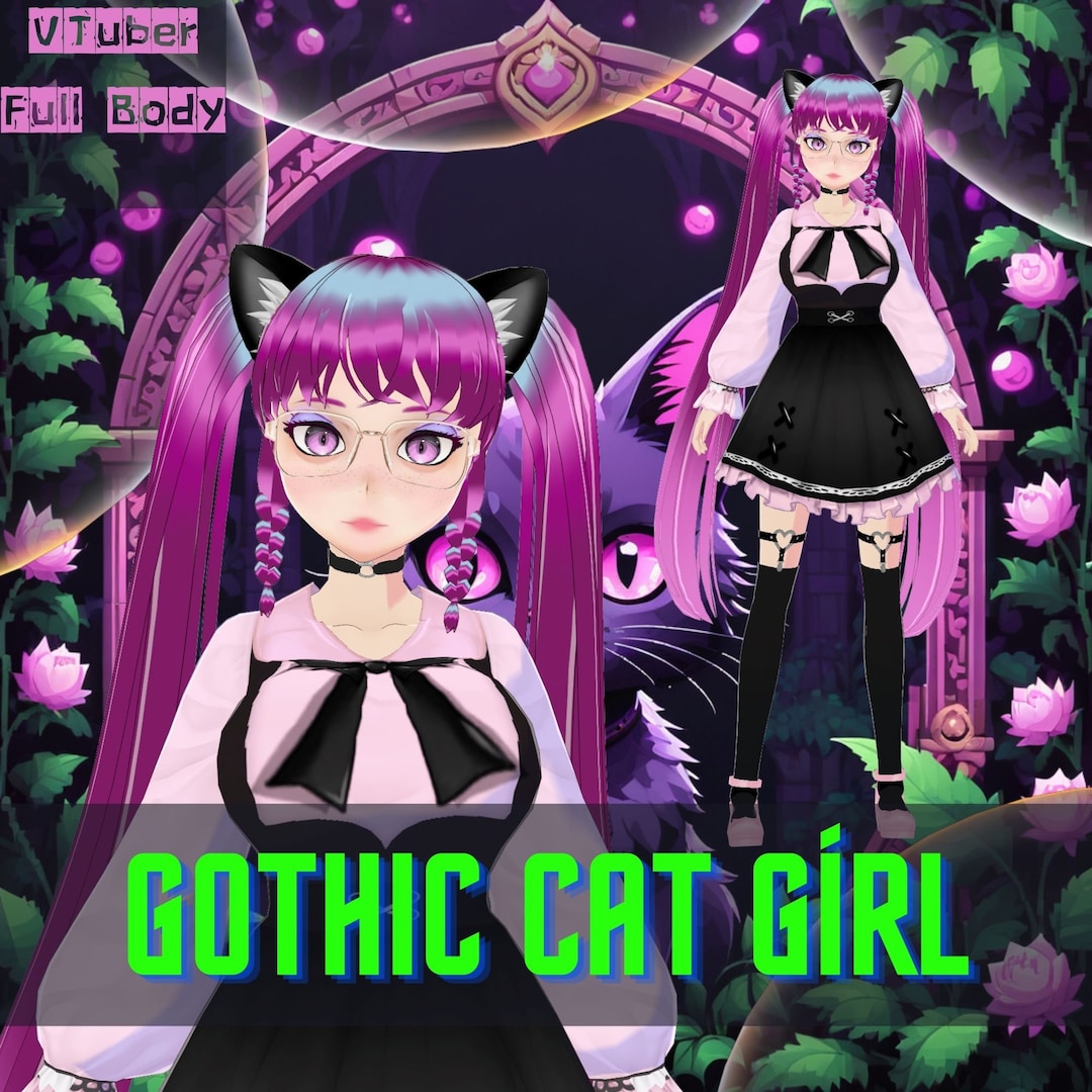 Gothic Cat Vtuber Model Full Body Live2d Premade Pink & Black Aesthetic ...