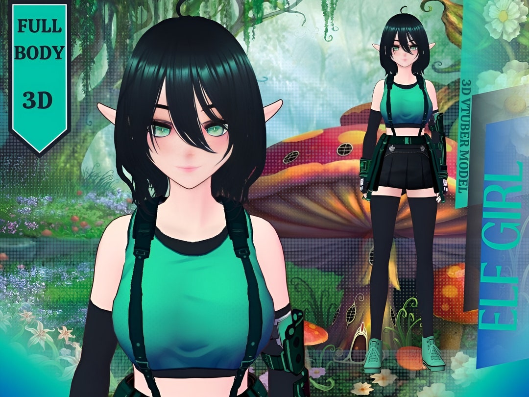 Vtuber Elf Girl Cute Green and Black Full Body 3D Vtuber Model Premade ...