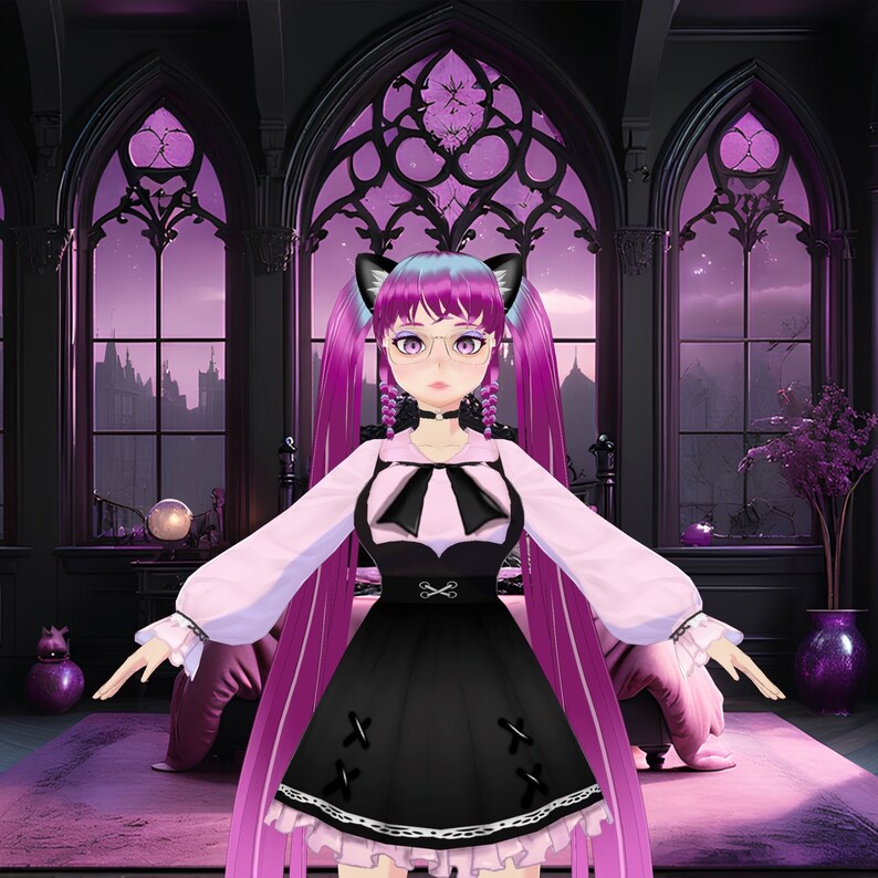 Gothic Cat Vtuber Model Full Body Live2d Premade Pink & Black Aesthetic ...
