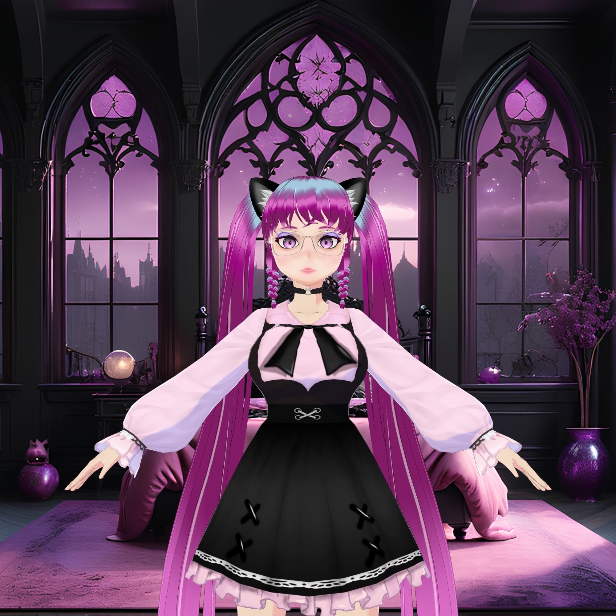 Gothic Cat Vtuber Model Full Body Live2d Premade Pink & Black Aesthetic ...