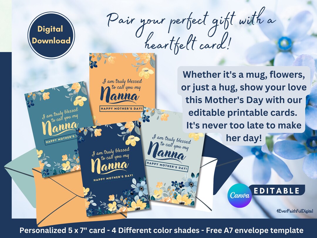 Personalized Printable Mother's Day Foldable Card, Editable Blue Peach Flower Card, Customizable ...