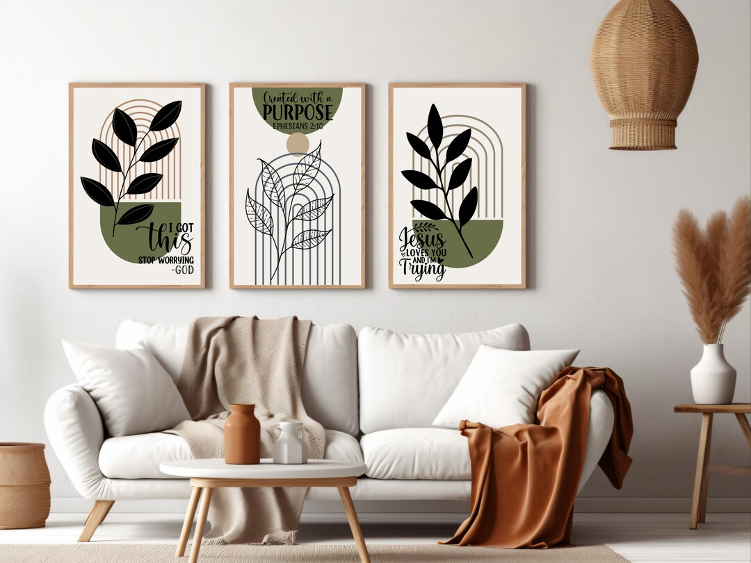 Sage Green Christian Boho Wall Art Set, 3 Piece Inspirational Printable ...
