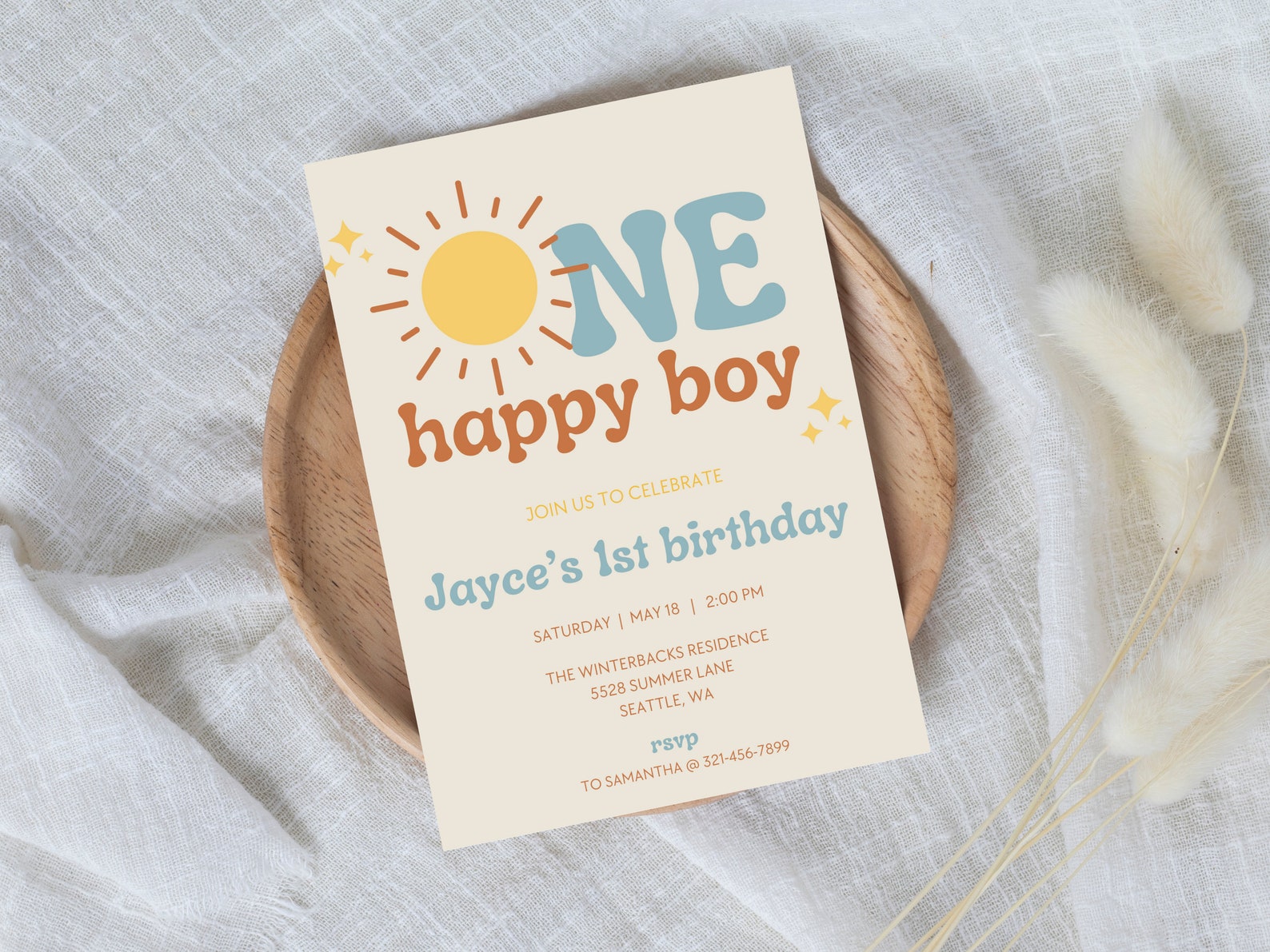 One Happy Boy 1st Birthday Invitation: Boho Sun Theme (digital Download ...