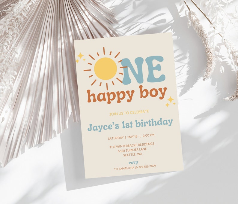 One Happy Boy 1st Birthday Invitation: Boho Sun Theme (digital Download ...